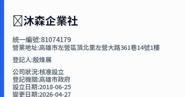 杊沐森企業社的照片-統編 81074179(高雄市) 公司登記資料與營業項目詳細圖表