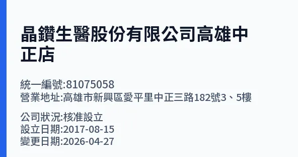 晶鑽生醫股份有限公司高雄中正店的照片-統編 81075058(高雄市) 公司登記資料與營業項目詳細圖表
