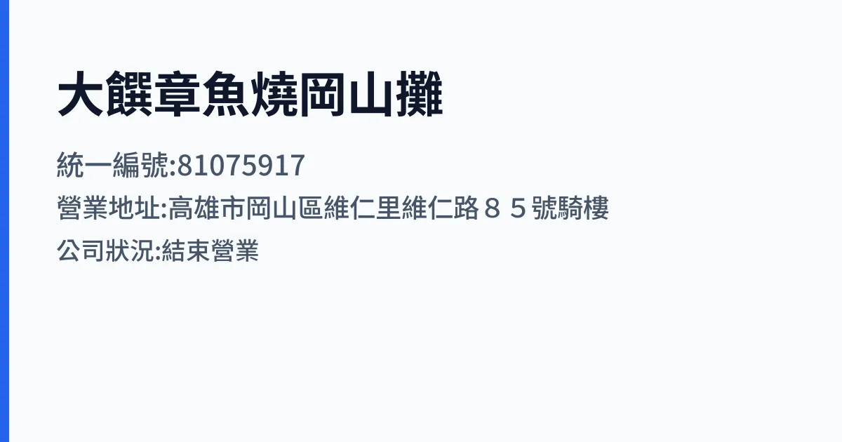 大饌章魚燒岡山攤 - 統編 81075917(高雄市) 公司登記資料與營業項目詳細圖表