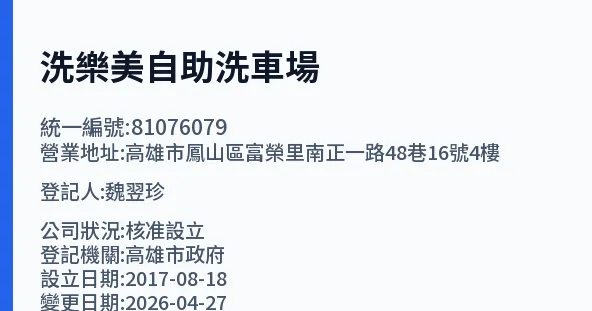 洗樂美自助洗車場的照片-統編 81076079(高雄市) 公司登記資料與營業項目詳細圖表