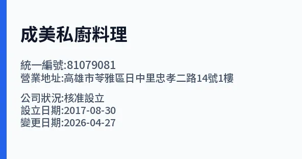 成美私廚料理的照片-統編 81079081(高雄市) 公司登記資料與營業項目詳細圖表