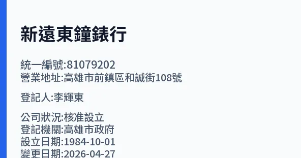 新遠東鐘錶行的照片-統編 81079202(高雄市) 公司登記資料與營業項目詳細圖表