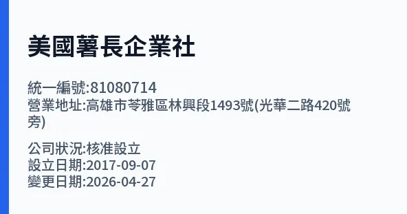 美國薯長企業社的照片-統編 81080714(高雄市) 公司登記資料與營業項目詳細圖表