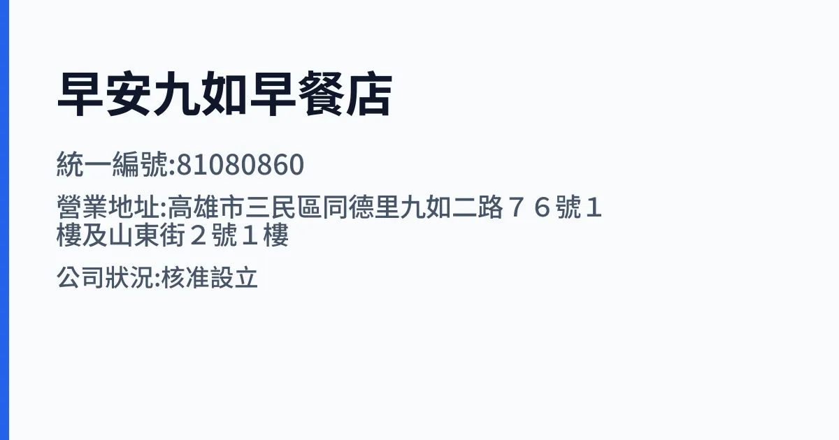 早安九如早餐店 - 統編 81080860(高雄市) 公司登記資料與營業項目詳細圖表