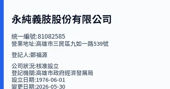 永純義肢股份有限公司的照片-統編 81082585(高雄市) 公司登記資料與營業項目詳細圖表
