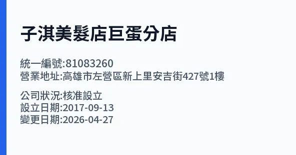 子淇美髮店巨蛋分店的照片-統編 81083260(高雄市) 公司登記資料與營業項目詳細圖表