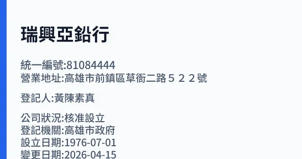 瑞興亞鉛行的照片-統編 81084444(高雄市) 公司登記資料與營業項目詳細圖表