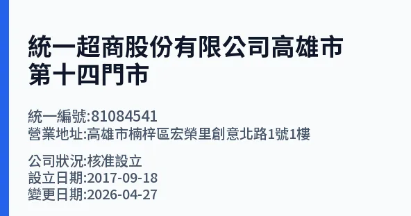 統一超商股份有限公司高雄市第十四門市的照片-統編 81084541(高雄市) 公司登記資料與營業項目詳細圖表