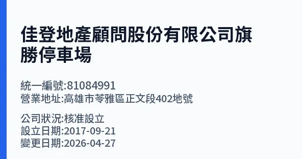 佳登地產顧問股份有限公司旗勝停車場的照片-統編 81084991(高雄市) 公司登記資料與營業項目詳細圖表