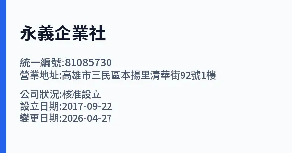 永義企業社的照片-統編 81085730(高雄市) 公司登記資料與營業項目詳細圖表