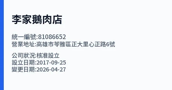 李家鵝肉店的照片-統編 81086652(高雄市) 公司登記資料與營業項目詳細圖表