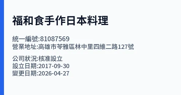 福和食手作日本料理的照片-統編 81087569(高雄市) 公司登記資料與營業項目詳細圖表