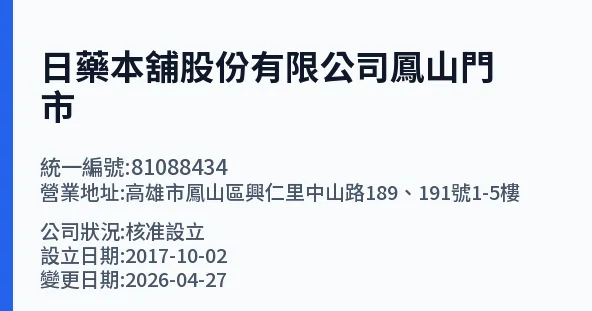 日藥本舖股份有限公司鳳山門市的照片-統編 81088434(高雄市) 公司登記資料與營業項目詳細圖表