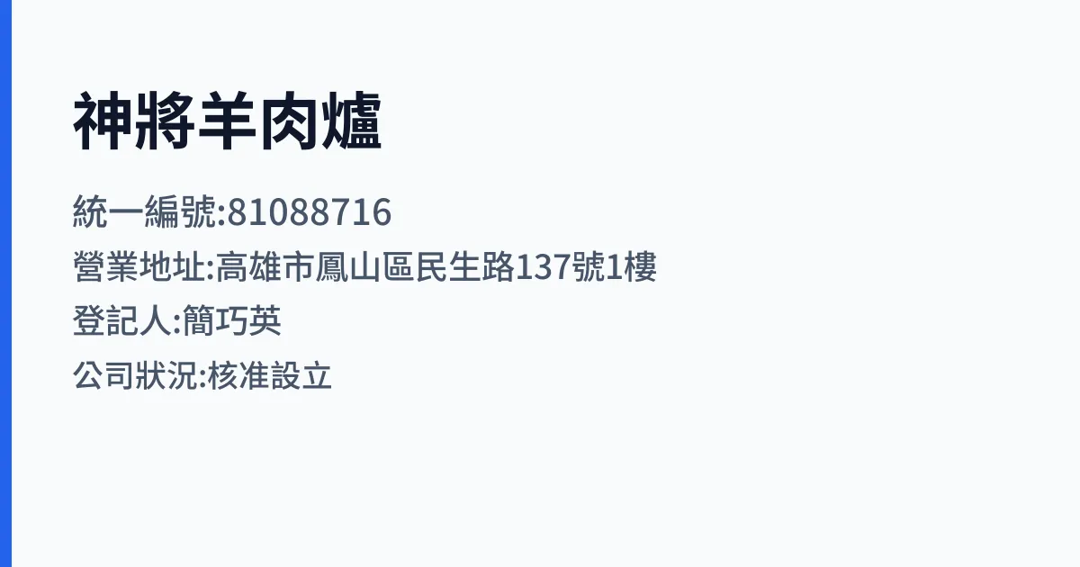 神將羊肉爐 - 統編 81088716(新北市) 公司登記資料與營業項目詳細圖表