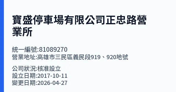 寶盛停車場有限公司正忠路營業所的照片-統編 81089270(高雄市) 公司登記資料與營業項目詳細圖表