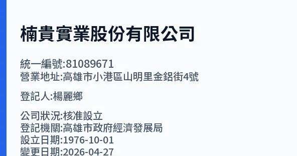 楠貴實業股份有限公司的照片-統編 81089671(高雄市) 公司登記資料與營業項目詳細圖表