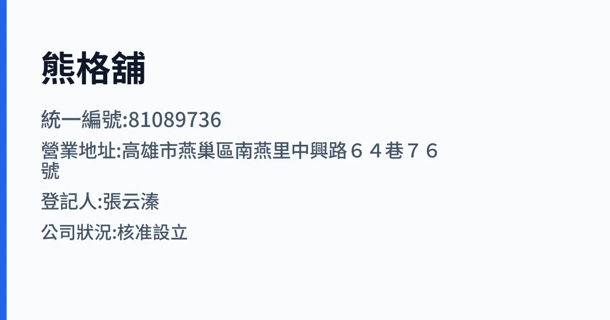 熊格舖 - 統編 81089736(高雄市) 公司登記資料與營業項目詳細圖表