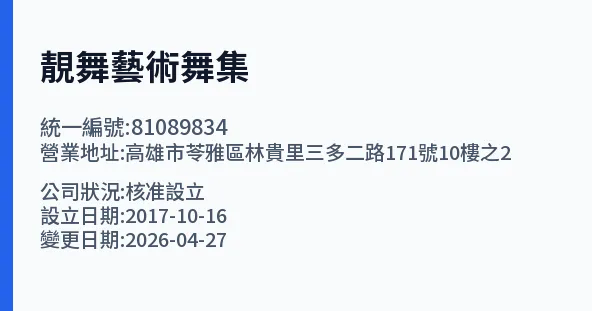 靚舞藝術舞集的照片-統編 81089834(高雄市) 公司登記資料與營業項目詳細圖表