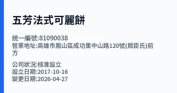 五芳法式可麗餅的照片-統編 81090038(高雄市) 公司登記資料與營業項目詳細圖表