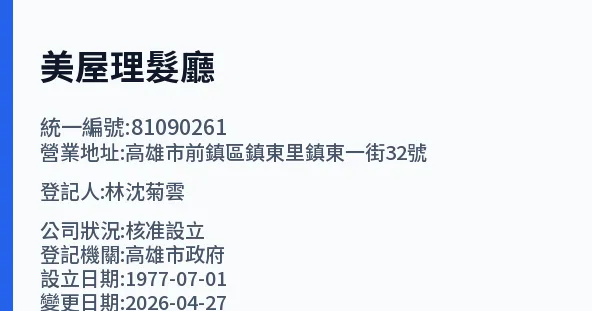 美屋理髮廳的照片-統編 81090261(高雄市) 公司登記資料與營業項目詳細圖表