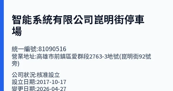 智能系統有限公司崑明街停車場的照片-統編 81090516(高雄市) 公司登記資料與營業項目詳細圖表