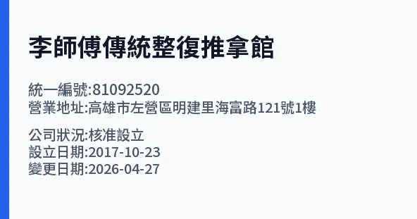 李師傅傳統整復推拿館的照片-統編 81092520(高雄市) 公司登記資料與營業項目詳細圖表