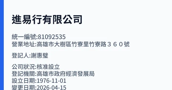 進易行有限公司的照片-統編 81092535(高雄市) 公司登記資料與營業項目詳細圖表