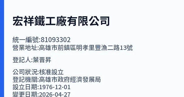 宏祥鐵工廠有限公司的照片-統編 81093302(高雄市) 公司登記資料與營業項目詳細圖表
