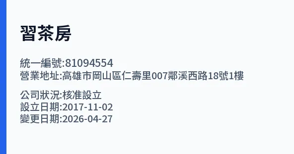 習茶房的照片-統編 81094554(高雄市) 公司登記資料與營業項目詳細圖表