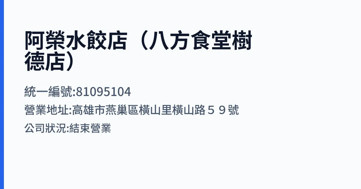 阿榮水餃店(八方食堂樹德店) - 統編 81095104(高雄市) 公司登記資料與營業項目詳細圖表