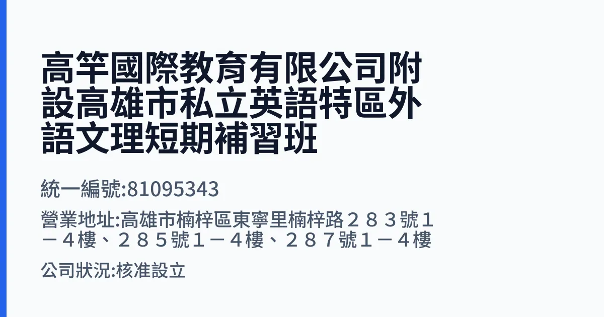 高竿國際教育有限公司附設高雄市私立英語特區外語文理短期補習班 - 統編 81095343(高雄市) 公司登記資料與營業項目詳細圖表
