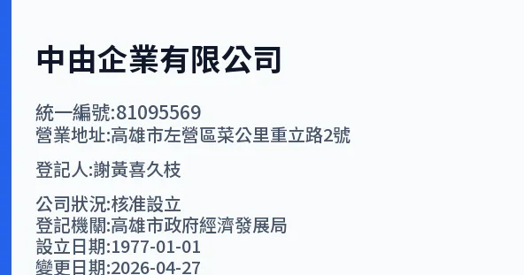 中由企業有限公司的照片-統編 81095569(高雄市) 公司登記資料與營業項目詳細圖表