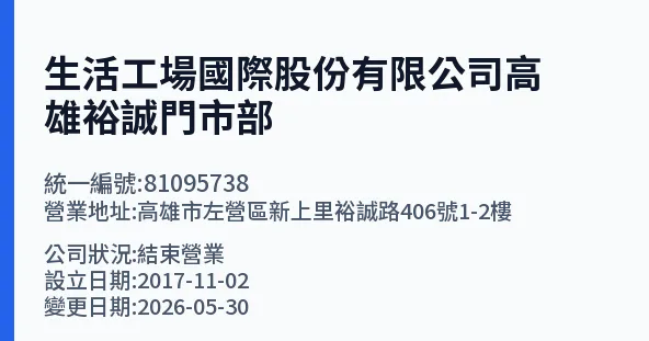 生活工場國際股份有限公司高雄裕誠門市部的照片-統編 81095738(高雄市) 公司登記資料與營業項目詳細圖表