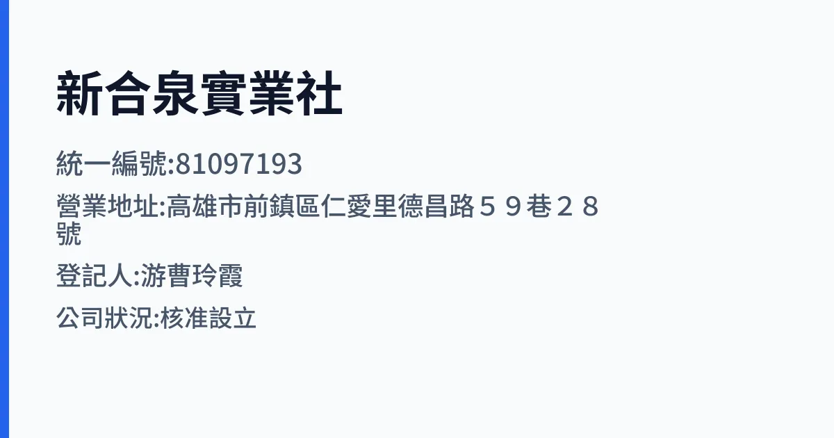 新合泉實業社 - 統編 81097193(高雄市) 公司登記資料與營業項目詳細圖表