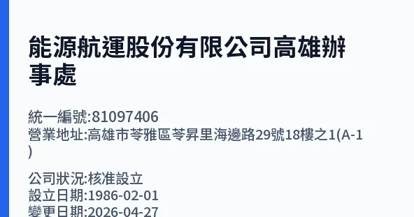 能源航運股份有限公司高雄辦事處的照片-統編 81097406(高雄市) 公司登記資料與營業項目詳細圖表