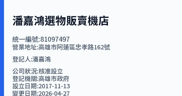 潘嘉鴻選物販賣機店的照片-統編 81097497(高雄市) 公司登記資料與營業項目詳細圖表