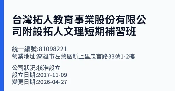 台灣拓人教育事業股份有限公司附設拓人文理短期補習班的照片-統編 81098221(高雄市) 公司登記資料與營業項目詳細圖表