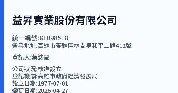 益昇實業股份有限公司的照片-統編 81098518(高雄市) 公司登記資料與營業項目詳細圖表