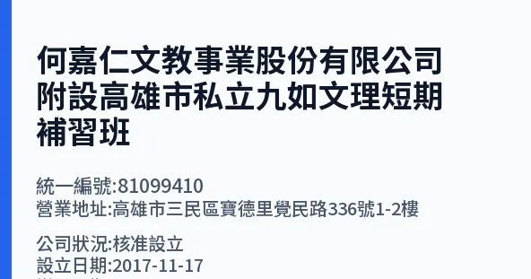何嘉仁文教事業股份有限公司附設高雄市私立九如文理短期補習班的照片-統編 81099410(高雄市) 公司登記資料與營業項目詳細圖表