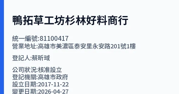 鴨拓草工坊杉林好料商行的照片-統編 81100417(高雄市) 公司登記資料與營業項目詳細圖表