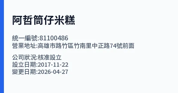 阿哲筒仔米糕的照片-統編 81100486(高雄市) 公司登記資料與營業項目詳細圖表