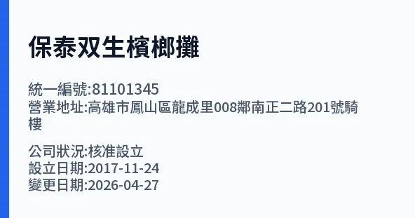 保泰双生檳榔攤的照片-統編 81101345(高雄市) 公司登記資料與營業項目詳細圖表