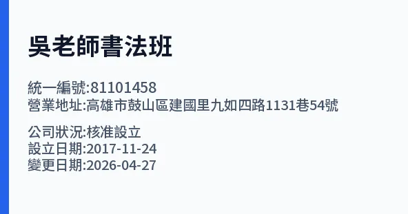 吳老師書法班的照片-統編 81101458(高雄市) 公司登記資料與營業項目詳細圖表