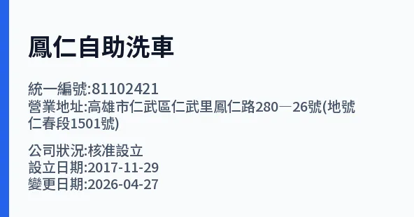 鳳仁自助洗車的照片-統編 81102421(高雄市) 公司登記資料與營業項目詳細圖表