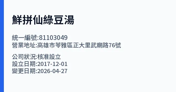 鮮拼仙綠豆湯的照片-統編 81103049(高雄市) 公司登記資料與營業項目詳細圖表