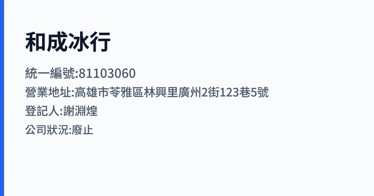 和成冰行 - 統編 81103060(高雄市) 公司登記資料與營業項目詳細圖表