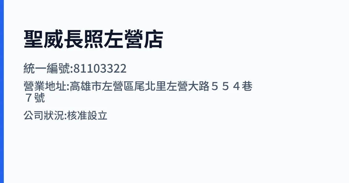聖威長照左營店 - 統編 81103322(高雄市) 公司登記資料與營業項目詳細圖表