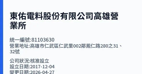 東佑電料股份有限公司高雄營業所的照片-統編 81103630(高雄市) 公司登記資料與營業項目詳細圖表