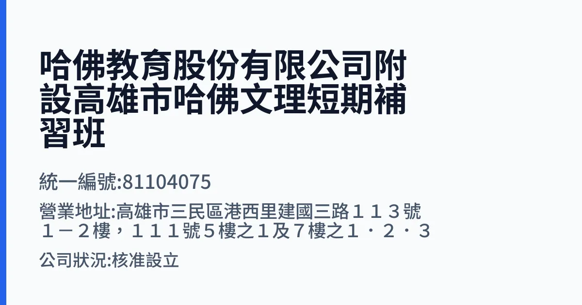 哈佛教育股份有限公司附設高雄市哈佛文理短期補習班 - 統編 81104075(高雄市) 公司登記資料與營業項目詳細圖表