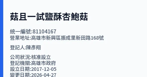 菇且一試鹽酥杏鮑菇的照片-統編 81104167(高雄市) 公司登記資料與營業項目詳細圖表
